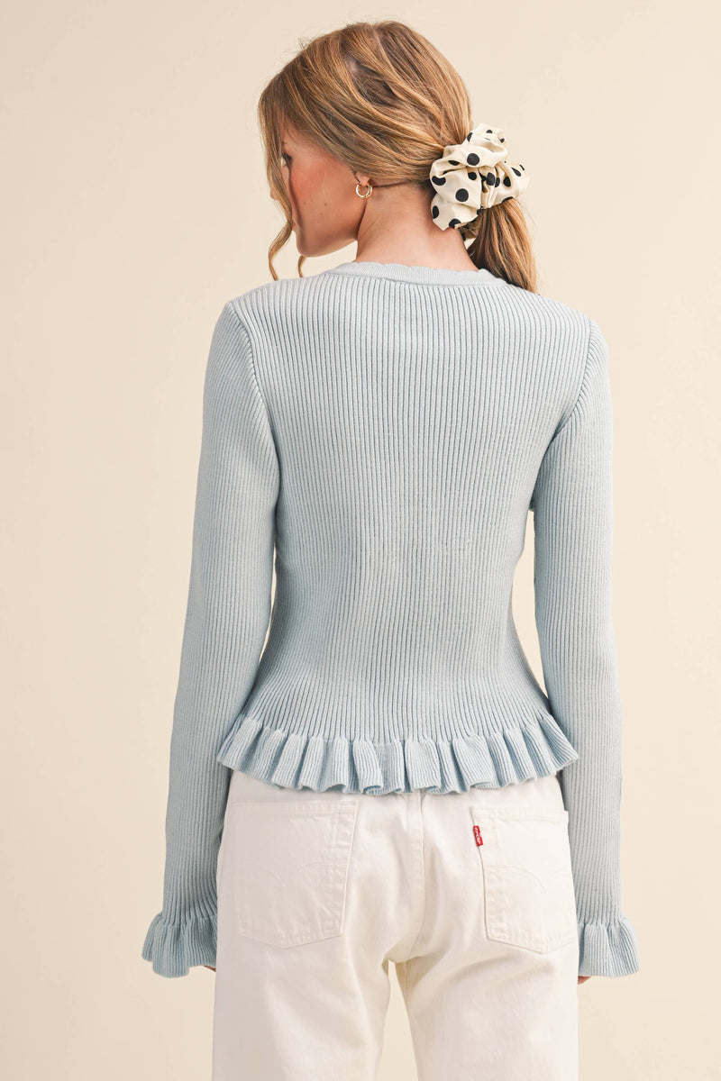 Lizzy Ribbed Knit Ruffle Hem Cardigan Top – Doxology